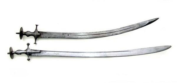 Two Indian Tulwar swords with spearpoint blade and calligraphy ...
